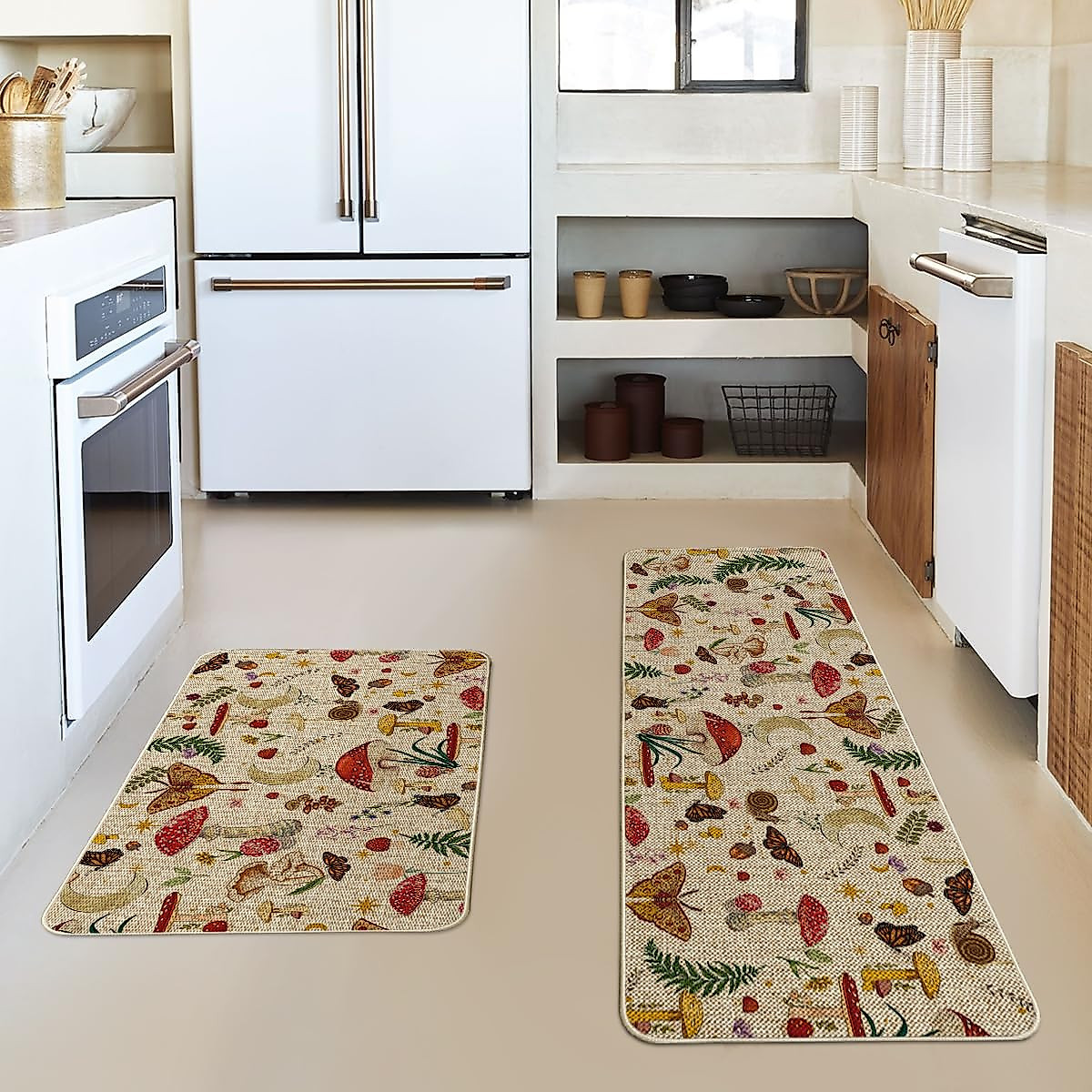 Artoid Mode Mushrooms Butterfly Spring Kitchen Mats Set of 2, Home Decor Low-Profile Kitchen Rugs for Floor - 17x29 and 17x47 Inch