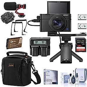 Sony Cyber-Shot DSC-RX100 VII Digital Camera with Shooting Grip Kit Bundle with 128GB SD Card, Bag, On-Camera Mic, Extra Battery, Dual Charger and Accessories