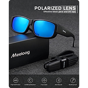 Meeloog Polarized Fit Over Glasses Sunglasses For Men, Rectangle Wrap Around Sun Glasses for Driving Riding Fishing MST0006 (P1 Black Frame/Blue Mirrored Lens)