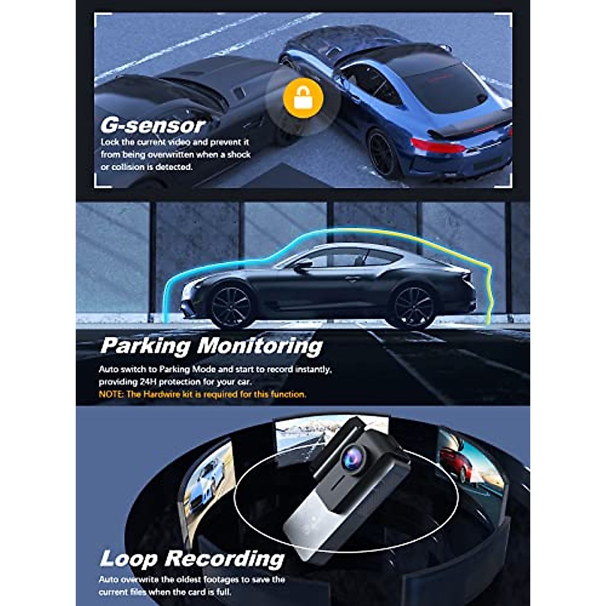 Dual Dash Cam 2K+1080P Front and Rear, Built-in WiFi, 4K Single Front Dash Camera for Cars, Car Camera, Dashcams for Cars with Night Vision, 24 Hours Parking Monitor, Loop Recording, Support 256GB Max