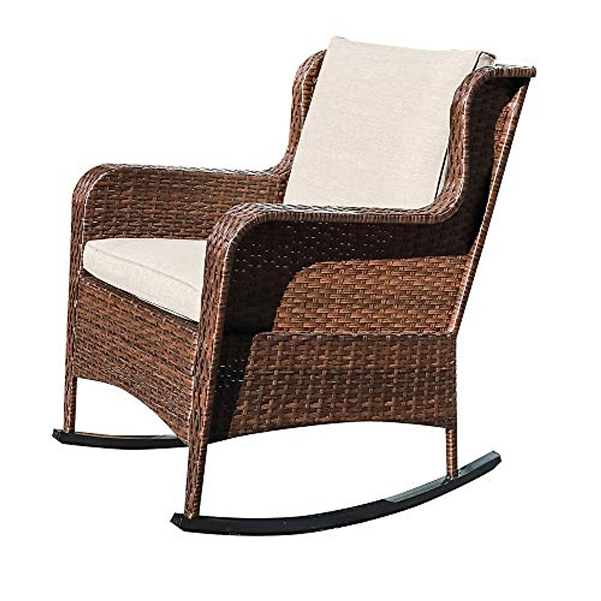 SUNSITT Outdoor Resin Wicker Rocking Chair with Olefin Cushions, Patio Yard Furniture Club Rocker Chair, Brown Wicker & Beige Cushions