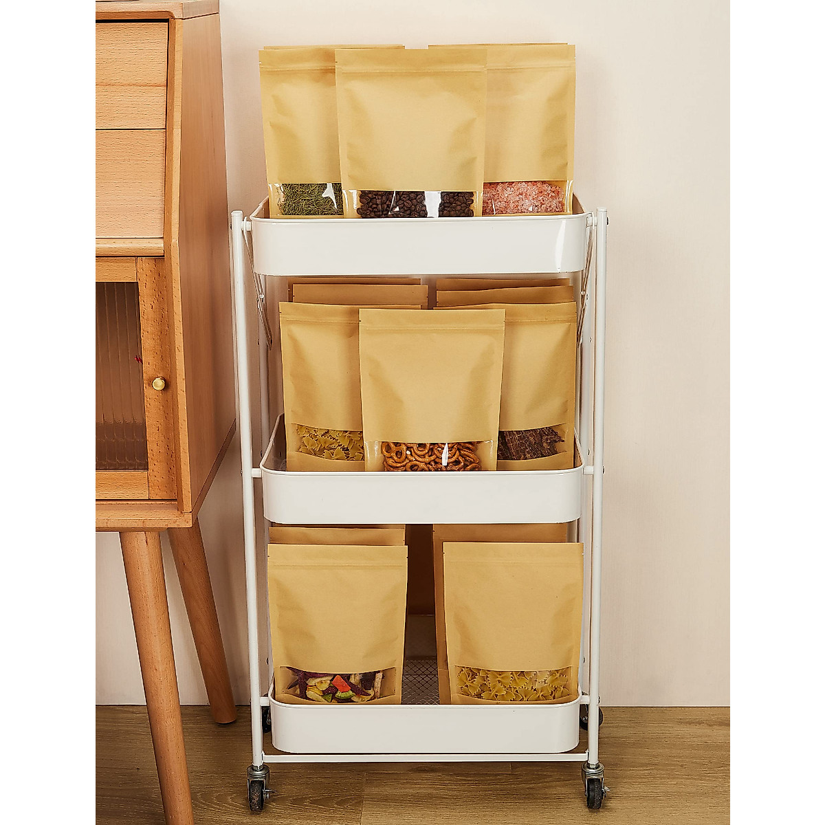 FireKylin 100 Pcs Kraft Paper Bags with Window, 3.5" x 5.5" Stand Up Pouches Bags, Zip Lock Food Storage Bags for Packaging Products, Reusable, Sealable