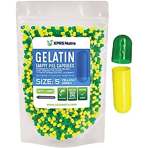 XPRS Nutra Size 5 Empty Capsules - 1000 Count Very Small Empty Gelatin Capsules - Empty Pill Capsules for DIY Capsule Filling - Fillable Pill Capsules Empty Gel Caps (Green/Yellow)