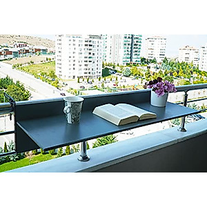 Balcony Bar Table for Railings, Outdoor Folding Deck Rail Table for Patio, Balcony Hanging Desk for Many Railings Compatible, Wooden Bar Serving Table for Porch (Grey, XL: 47.3 x 11.8 inches)
