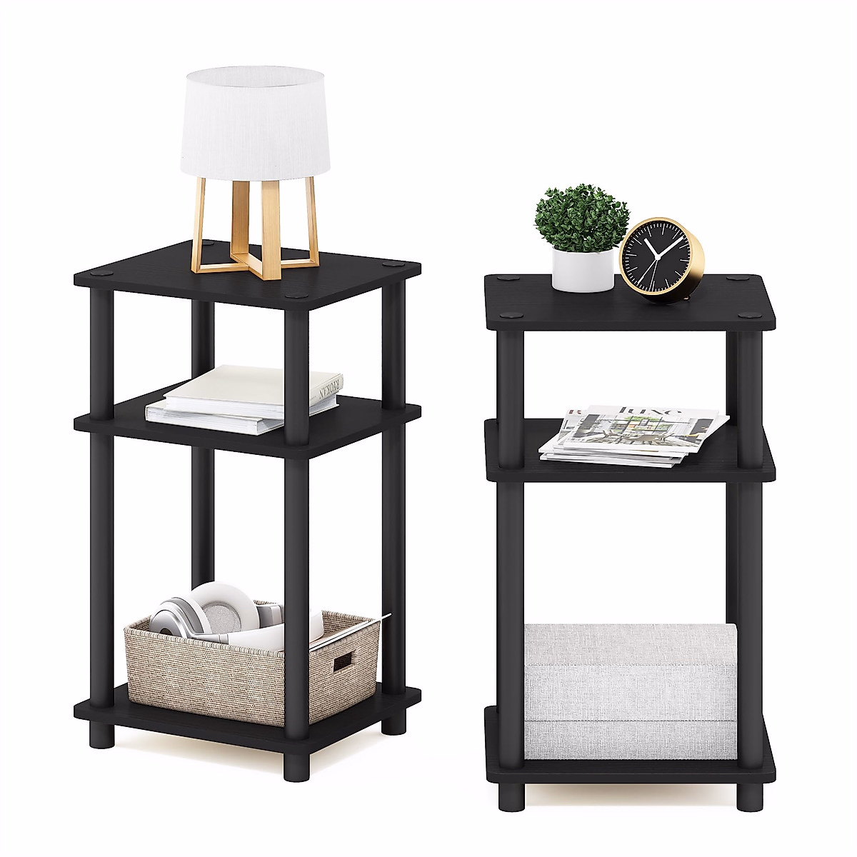 Furinno Just 3-Tier Turn-N-Tube End Table / Side Table / Night Stand / Bedside Table with Plastic Poles, 2-Pack, Americano/Black