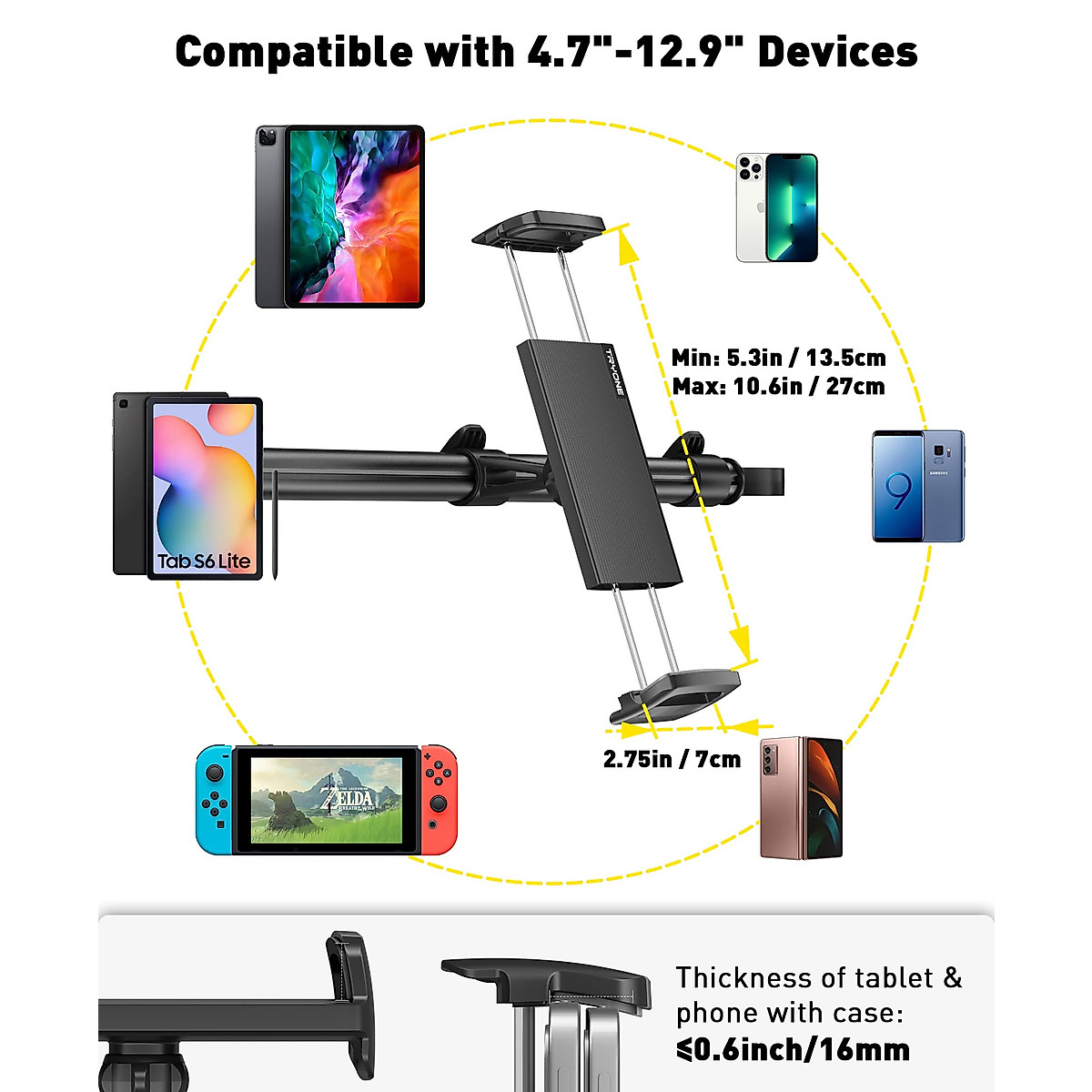 Car Tablet Holder Mount for iPad: Headrest Tablet Stand for Car Back Seat Compatible with iPad Pro Air Mini | Galaxy Tab | Kindle Fire HD | Switch OLED or Other 4.7-12.9" Devices