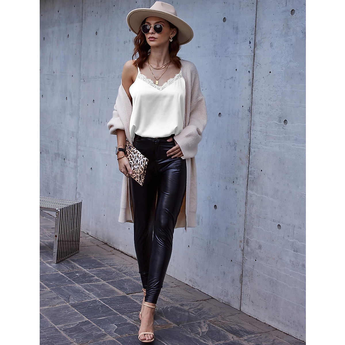 Ekouaer Women 2 PCS Cami Lace Satin Silk Tops Adjustable Spaghetti Strap Tank Shirt V Neck Tank Tops White & Champagne S