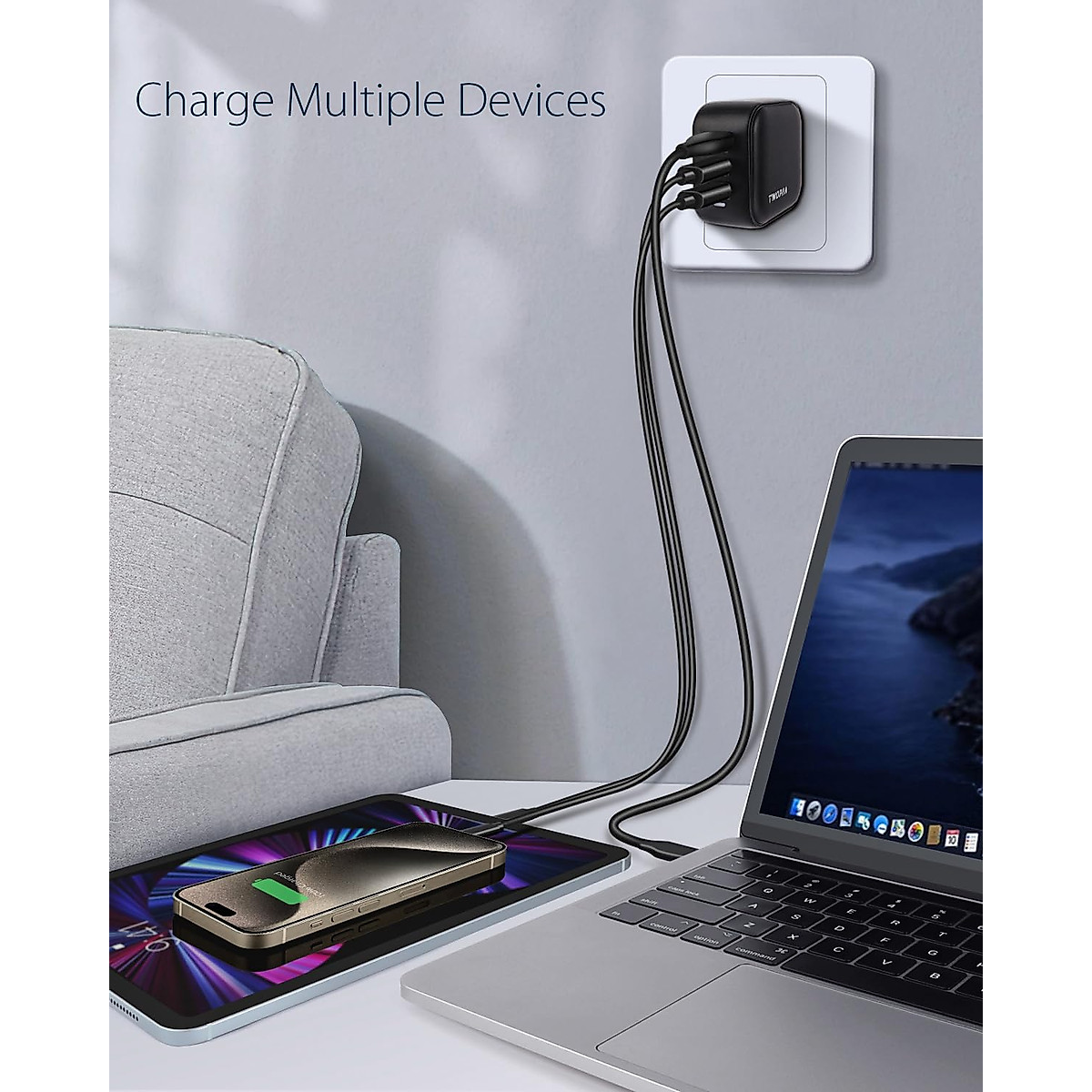 TWOPAN 65W USB C Charger Block, 3-Port Foldable GaN Fast Charger for iPhone 16/15/14, Vision Pro, MacBook, iPad, XPS, Switch, Steam Deck, Galaxy S24/25, Pixel