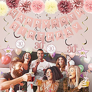 GuoZhiXin Rose Gold 30th Birthday Party Decorations , Rose gold Glittery Happy 30th Birthday Banner,Poms,Sparkling Hanging Swirls Kit for 30th Birthday Party Supplies