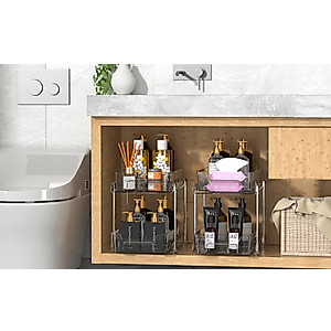 DEKAVA Under Sink Organizer 2 Pack，Bathroom Cabinet Organizer，2 Tier Sliding Cabinet Basket Organizer Drawer, Multi-Purpose Bath Collection Baskets for Bathroom (Clear)