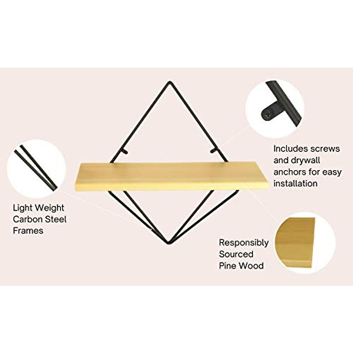 Essential Home Design Floating Geometric Shelves Set of 2, Hanging Floating Display for Bathroom, Nursery, Bedroom, Office, Living Room