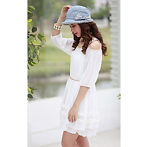 CACUSS Women's Foldable Floral Bucket Hat Rolled Brim with Bowknot Blue