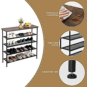 Giantex 5-Tier Shoe Rack, Industrial Adjustable Metal Shoe Storage Organizer w/ 4 Metal Mesh Shelves for 16-20 Pairs, Adjustable Feet, Heavy Duty Steel Frame, for Entryway, Hallway, Dorm, Rustic Brown