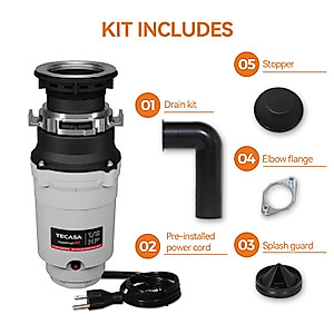 Garbage Disposal, TECASA 1/2 HP Pro Food Waste Coutinuous Feed, Garbage Disposals with Stopper Power Cord, Stainless Steel Grinding System for Kitchen Sink - HyperCrush 50 PRO