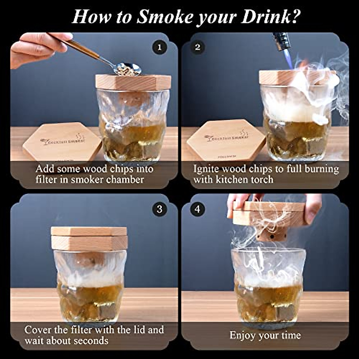 FOLLOWIN Old Fashioned Drink Smoker Kit with Torch and Wood Chips, Smoke Top for Infuse Cocktail ,Bourbon,Wine, Delicate Packaging Whiskey Smoker Gifts for Men,Father,Husband
