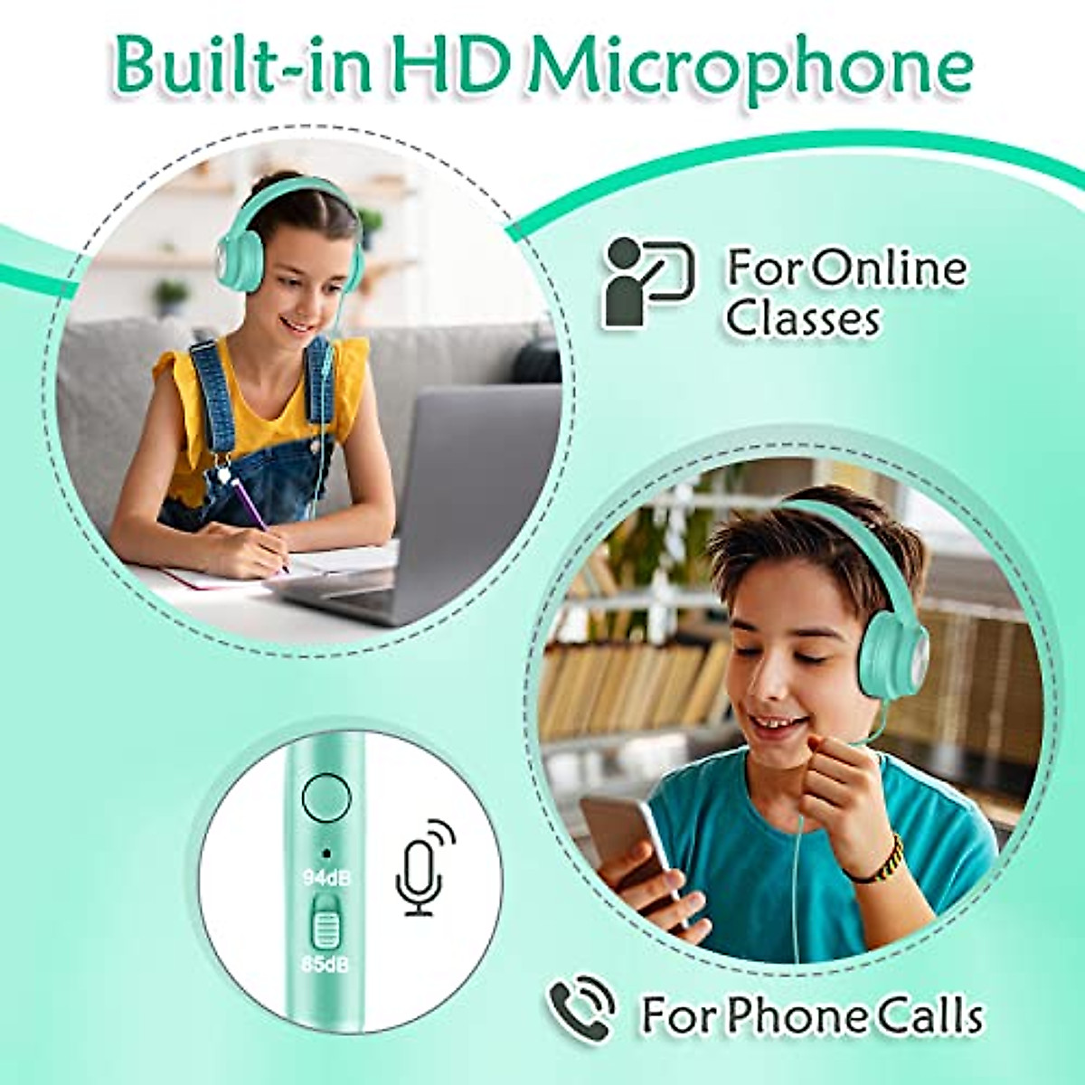 Kids Headphones with Microphone, Wired Headsets for Kid Child Teens Boys Girls with 85dB/94dB Volume Limit, Foldable Adjustable for School, Travel, 3.5mm Audio Jack for iPad, Tablet, PC, Chromebook