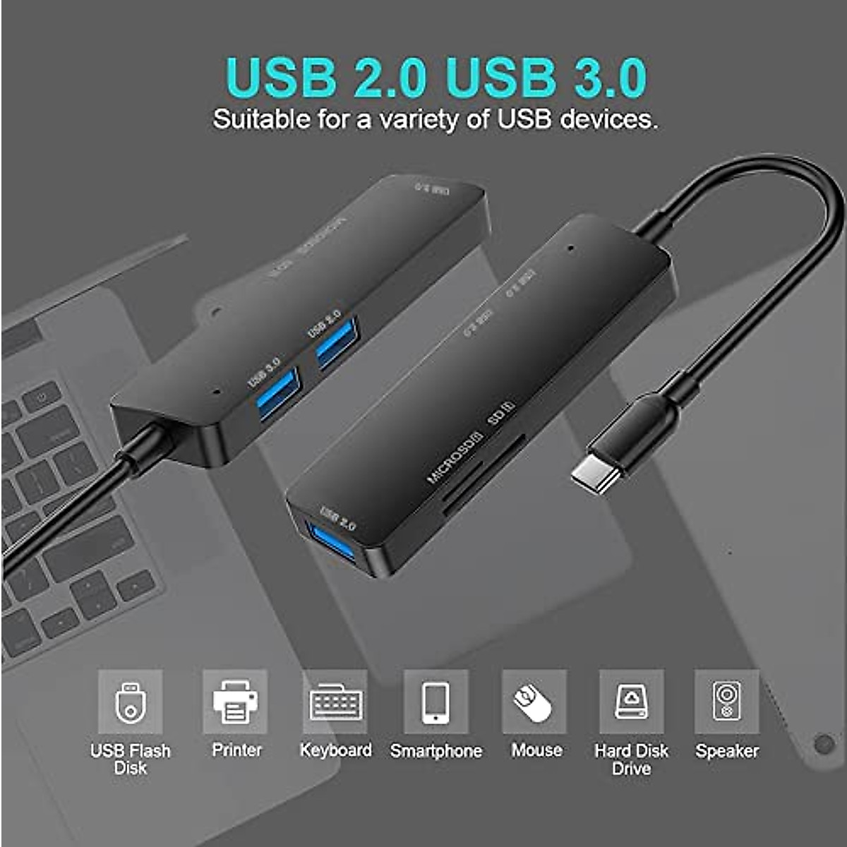 USB C Hub, 5 in 1 USB Type C Hub Adapter to 1 USB 3.0 Port/ 2 USB 2.0 Ports and SD/TF Card Reader for PC, Laptop, MacBook, and Smartphones