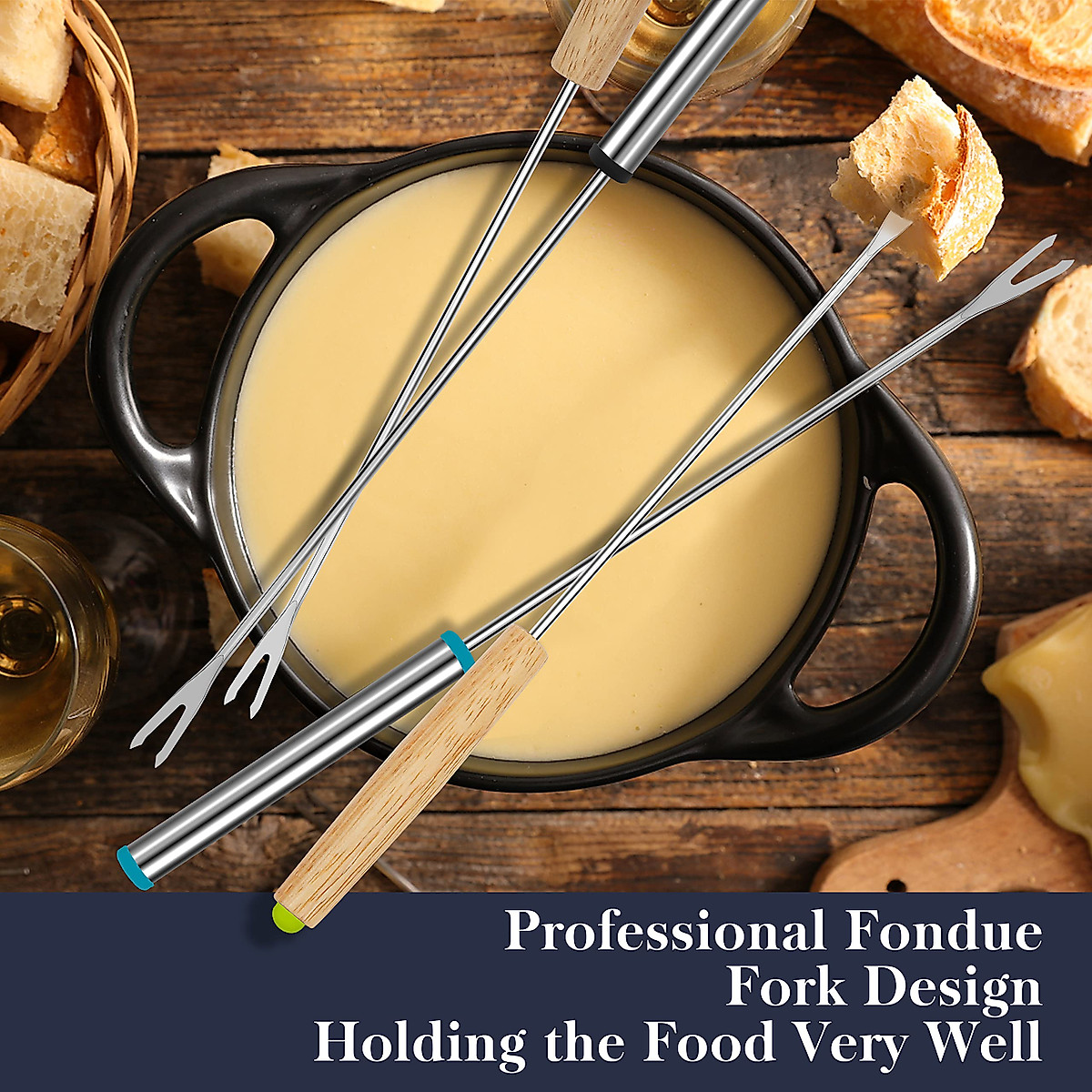 12 Pcs 9.6 Inch Cheese Fondue Forks, Smores Sticks with Color Coding, 6pcs Stainless Steel and 6pcs Wooden Handle for Roast Meat Chocolate Fountain