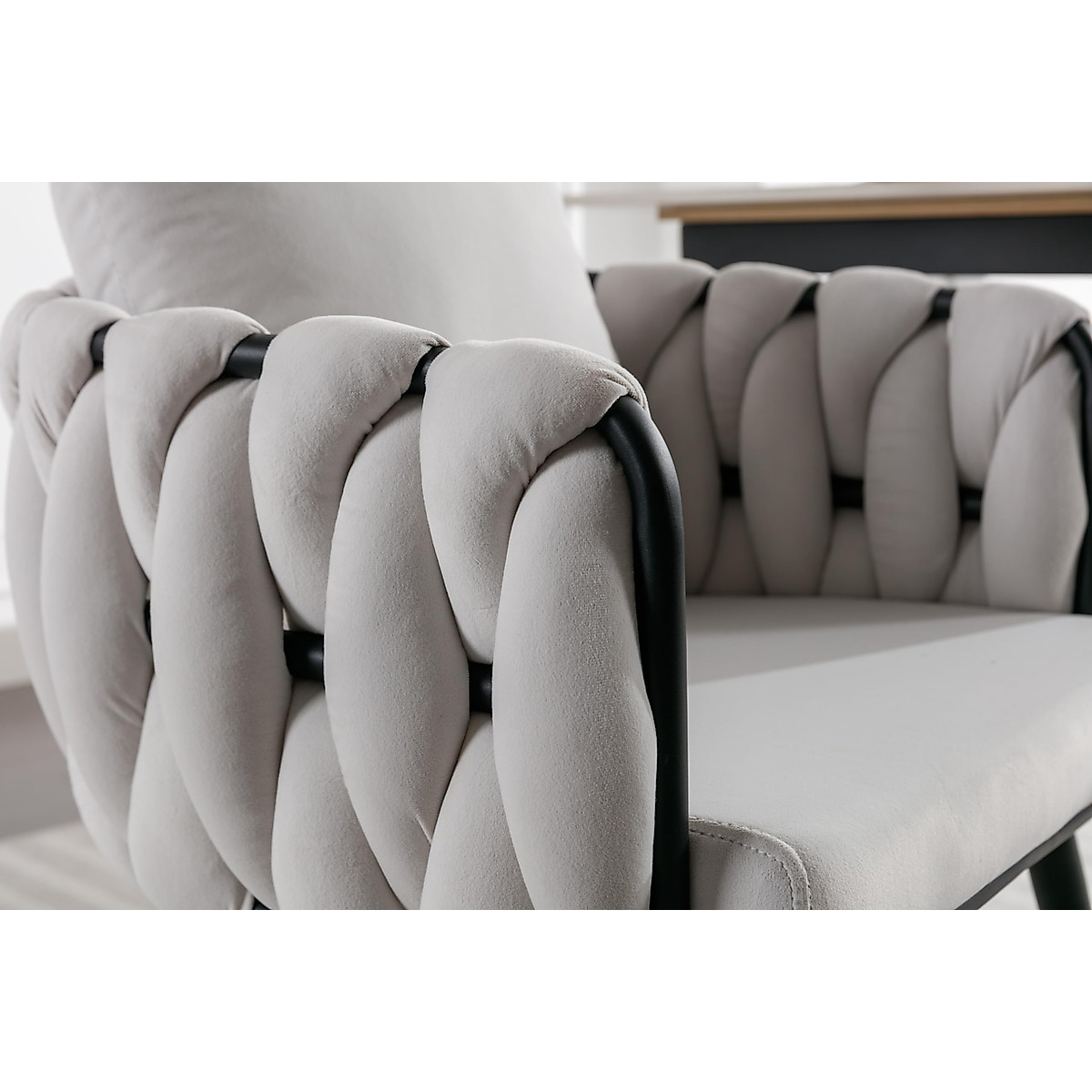 INMOZATA Dining Chairs Set of 2, Modern Woven Dining Room Chairs, Upholstered Kitchen Chairs, Velvet Dining Chair with Black Metal Legs,Ivory