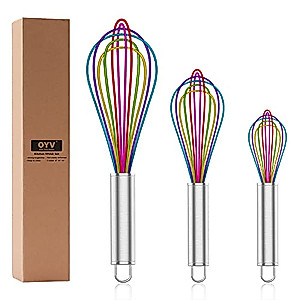OYV Silicone Whisk,Professional Whisks For Cooking Non Scratch,Stainless Steel & Silicone Wisk,Plastic Rubber Whisk Tool For Nonstick Cookware,Silicon Wisks Set of 3,Rainbow,for Blending,Colorful.