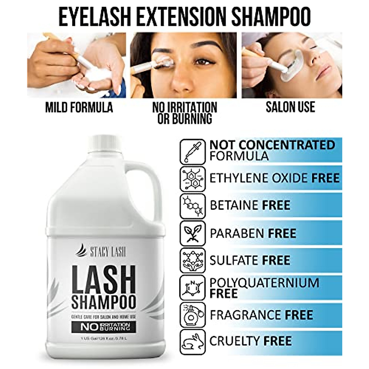 STACY LASH Eyelash Extension Shampoo 1US Gal & 100 Pairs Set Under Eye Gel Pads/Eyelid Foaming Cleanser/Safe Makeup & Mascara Remover/Lint Free Patches/Professional Supplies and Beauty Tools