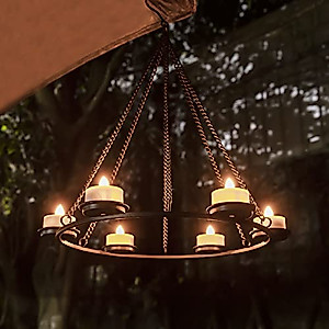 Solar Hanging Lantern, Outdoor Candle Chandelier with 8pcs Solar Powered Tea Lights in Matt Black Finished Metal Candle Holders Perfect for Home, Garden, Backyard, Pergola, Gazebo, Tree, Window Decor