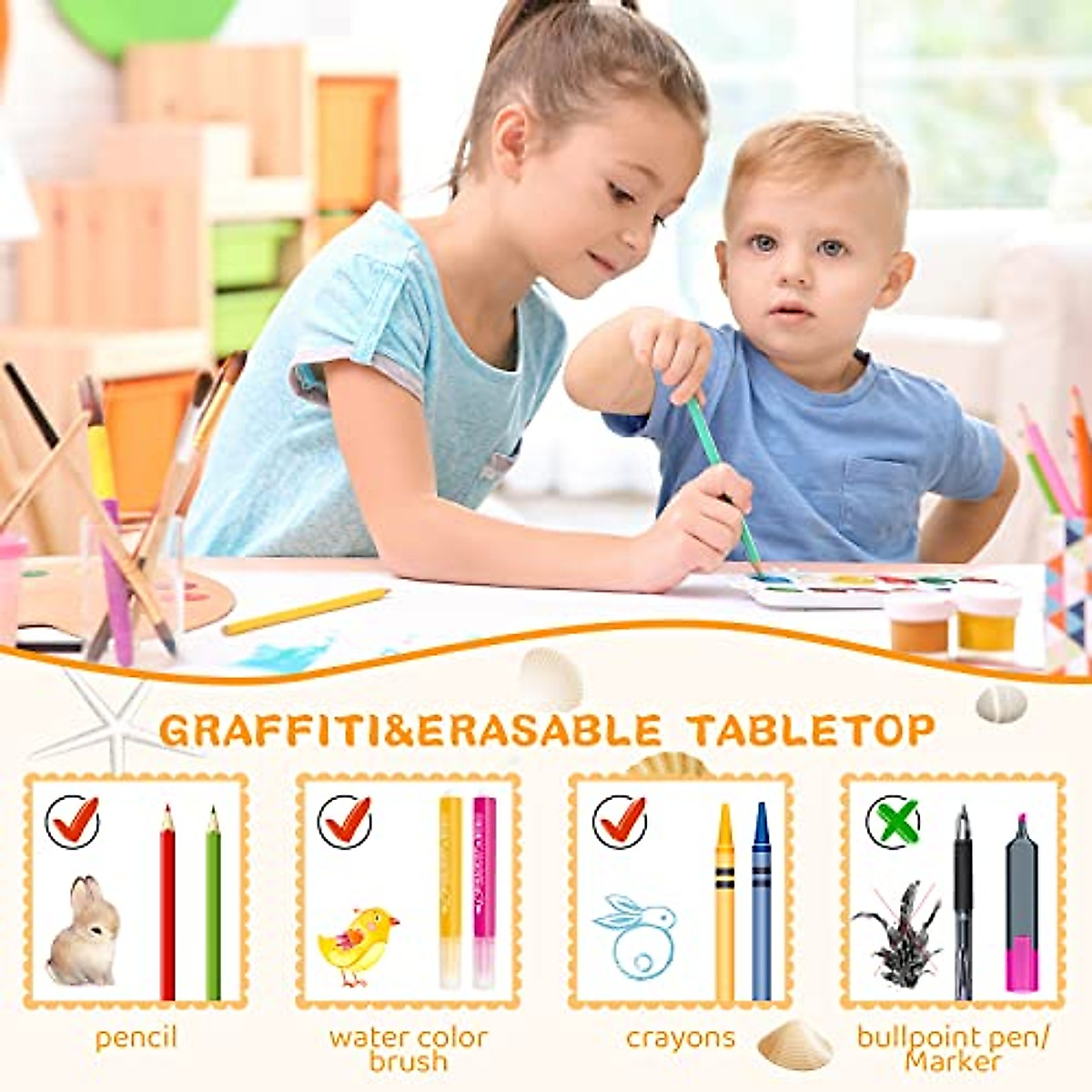 AuAg Kids Table and 4 Chairs Set, Height Adjustable Toddler Study Table and Chair Set for Age 2-10, Multi-Activity Art Table W/Graffiti&Scrubtable Desktop, for Daycare, Classroom, Home (Natural)