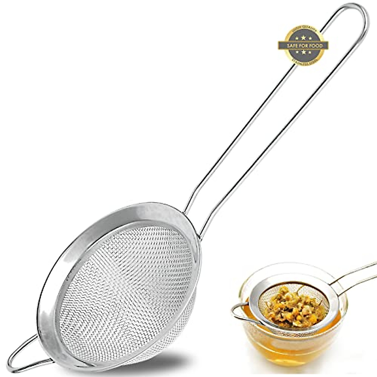 Fine Mesh Strainer Stainless Steel 3 Inch Small Mini Tea Strainer Cocktail Food Coffee Sturdy Long Handle Double Straining Sifter Kitchen Metal Bar Sieve Utensil strainer for juicing (Silver)