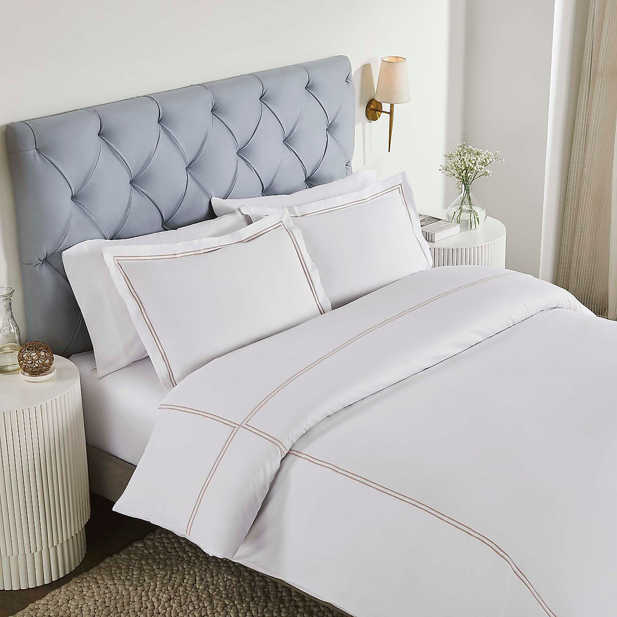 SUPERIOR Embroidered Cotton Duvet Cover Set, Soft Bedding Covers, 1 Duvet Cover with Button Closure, 2 Pillow Shams, Two-Line Design, Spring Blooms Collection, King/California King, White-Taupe