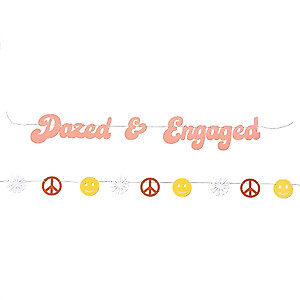 Dazed and Engaged Bachelorette Decorations Bundle with Dazed & Engaged Confused Banner and Groovy Retro Hippie Daisy, Peace Sign, and Smiley Face Garland - 24 piece set