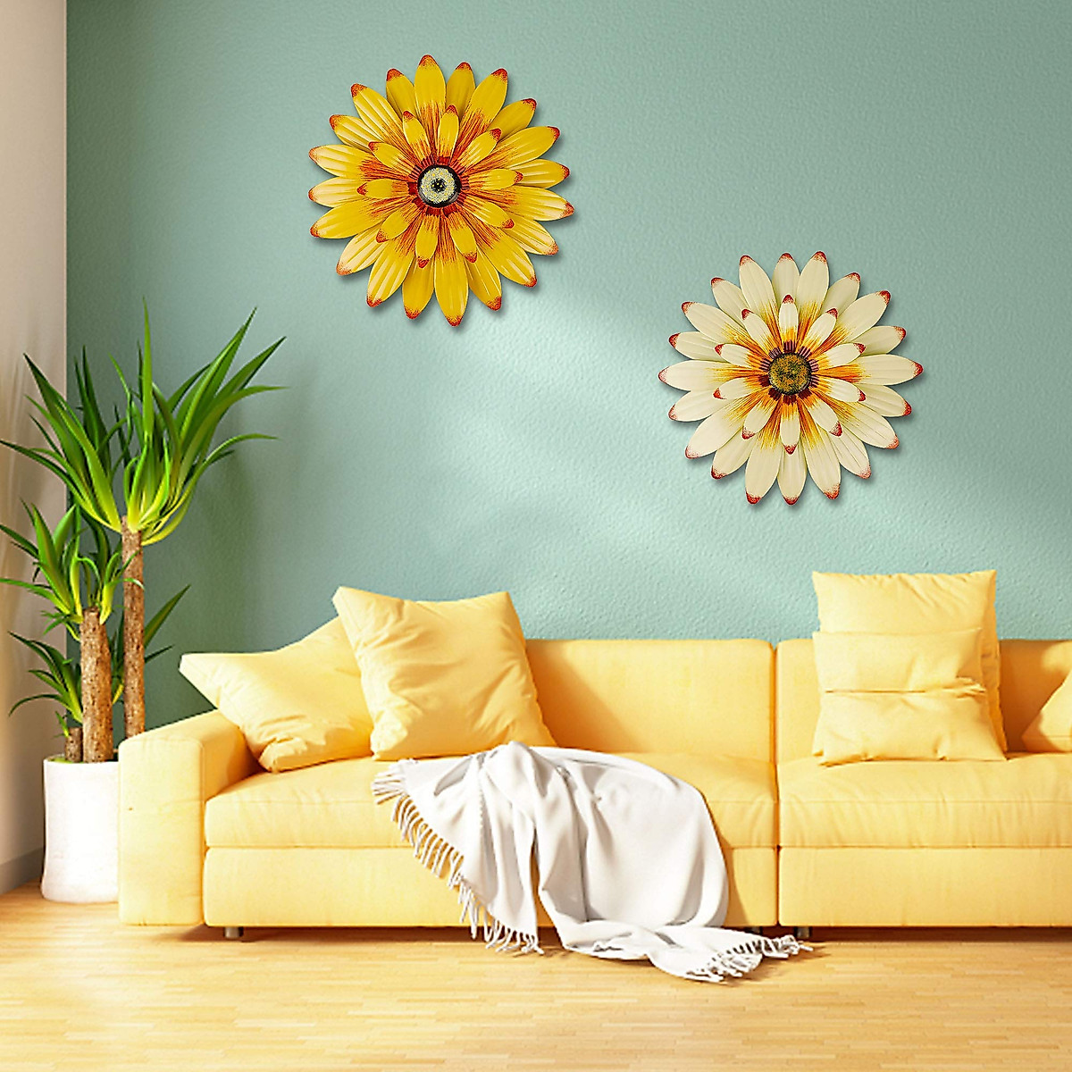 Juegoal 2 Pack 16" Large Metal Flowers Wall Art Inspirational Daisy Wall Decor Sunflower Hanging for Indoor Outdoor Home Bedroom Living Room Office Garden, White & Yellow