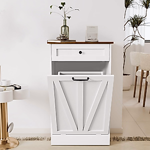 CREAWELLAY Tilt Out Trash Can Cabinet, 13 Gallon Large Hidden Kitchen Garbage Can with Storage Drawer, Farmhouse Wooden Garbage Bin Cabinet for Laundry Room, Living Room (White)