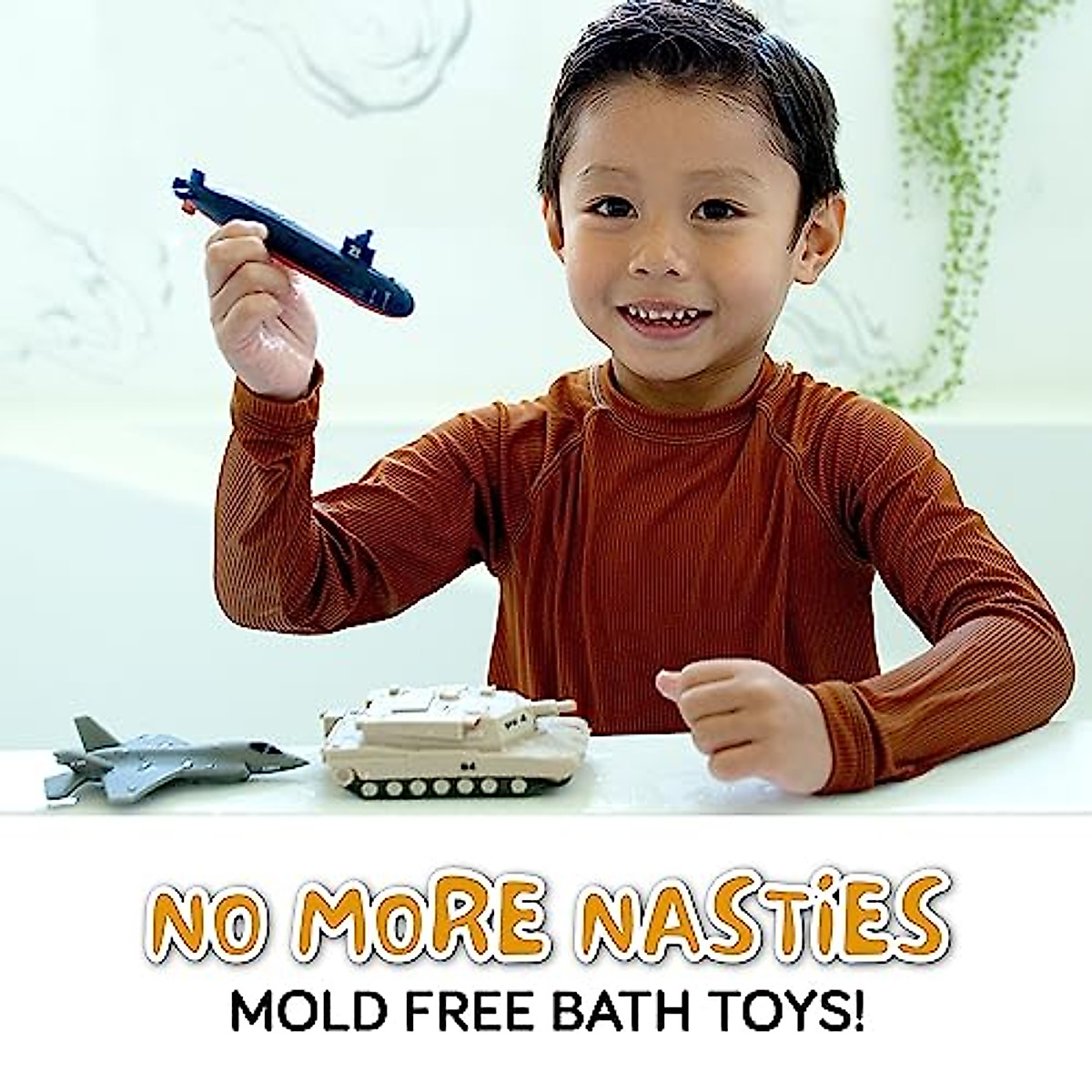 SplashEZ Mold Free Bath Toys for Kids & Toddlers, Sealed No Hole Baby Bath Toys, Soft Durable Military Set, Float on Water, No Mold Design for Shower Tub Pool, Infant Babies Ages 0-1-3-6-12-18 Mo