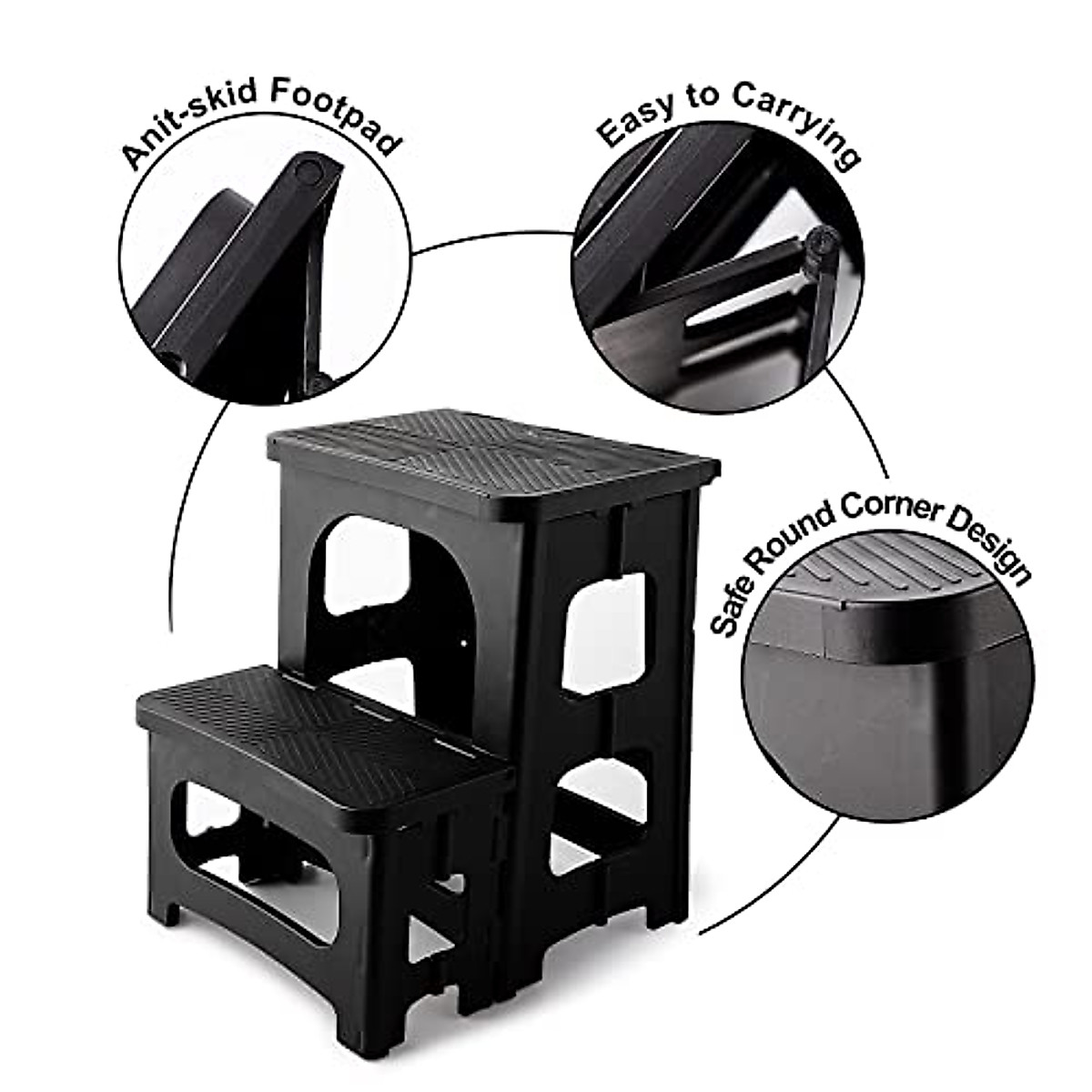 Topfun 8" 17" Folding 2-Step Stool, Non-Slip Fold Stools for Adults or Kids, Hold up to 300 lbs, Portable Footstool for Kitchen Home Toilet Bedroom Office RV