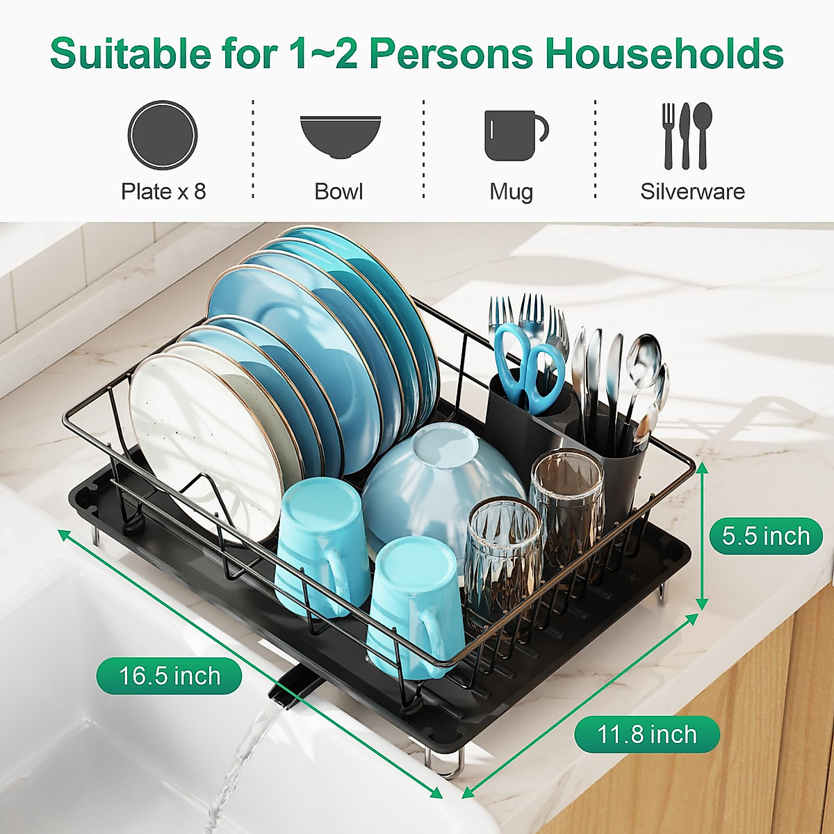 GSlife Dish Drying Rack with Drainboard - Dish Racks for Kitchen Counter, Rust-Resistant Compact Dish Drainer with Utensil Holder, Drain Spout and High Feet on Drip Tray, Black