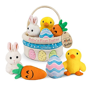 Baby's First Easter Theme Basket Playset, 5ct Stuffed Plush Bunny Chick Carrot Egg for Baby Girls Boys, Party Decorations Favors Stuffers Gifts, Supplies