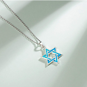 FANCIME Star of David Necklace for Women Hanukkah Gifts 925 Sterling Silver Blue Created Opal Necklace Charm Geometric Pendant Jewelry for Women