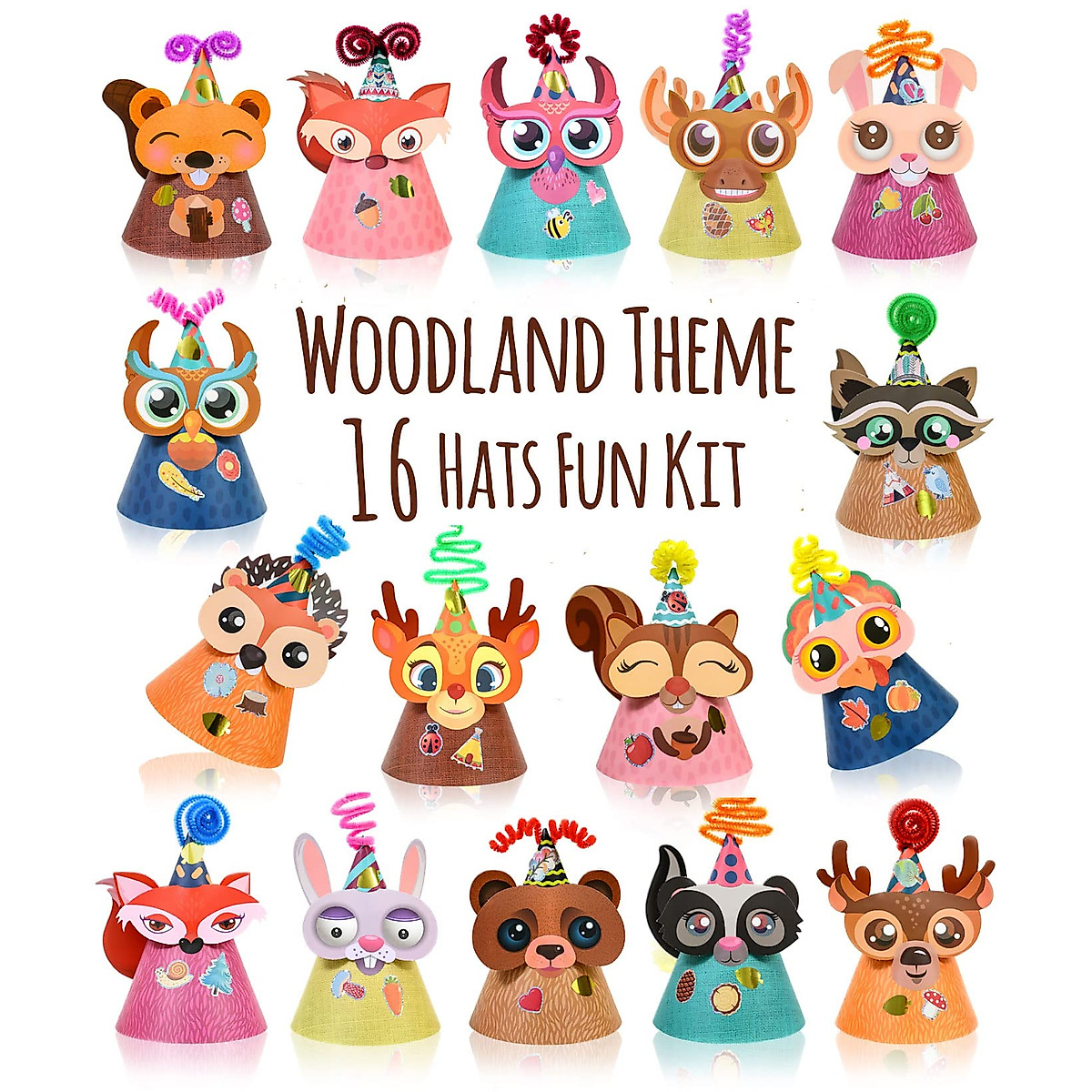 Woodland Themed Christmas Party Hats Making Kit c/w Chenille Stems & Stickers. Group Activities, DIY Art Craft Home Project. Birthday, Easter & Fiesta Decoration for Kid