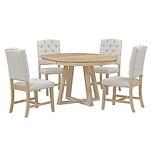 Bellemave Extendable Dining Table Set for 4, 5-Piece Round Table Set with 4 Chairs, Circle Table with Upholstered Chairs, Oval Kitchen Table Set with Extendable Table for Dining Room and Kitchen