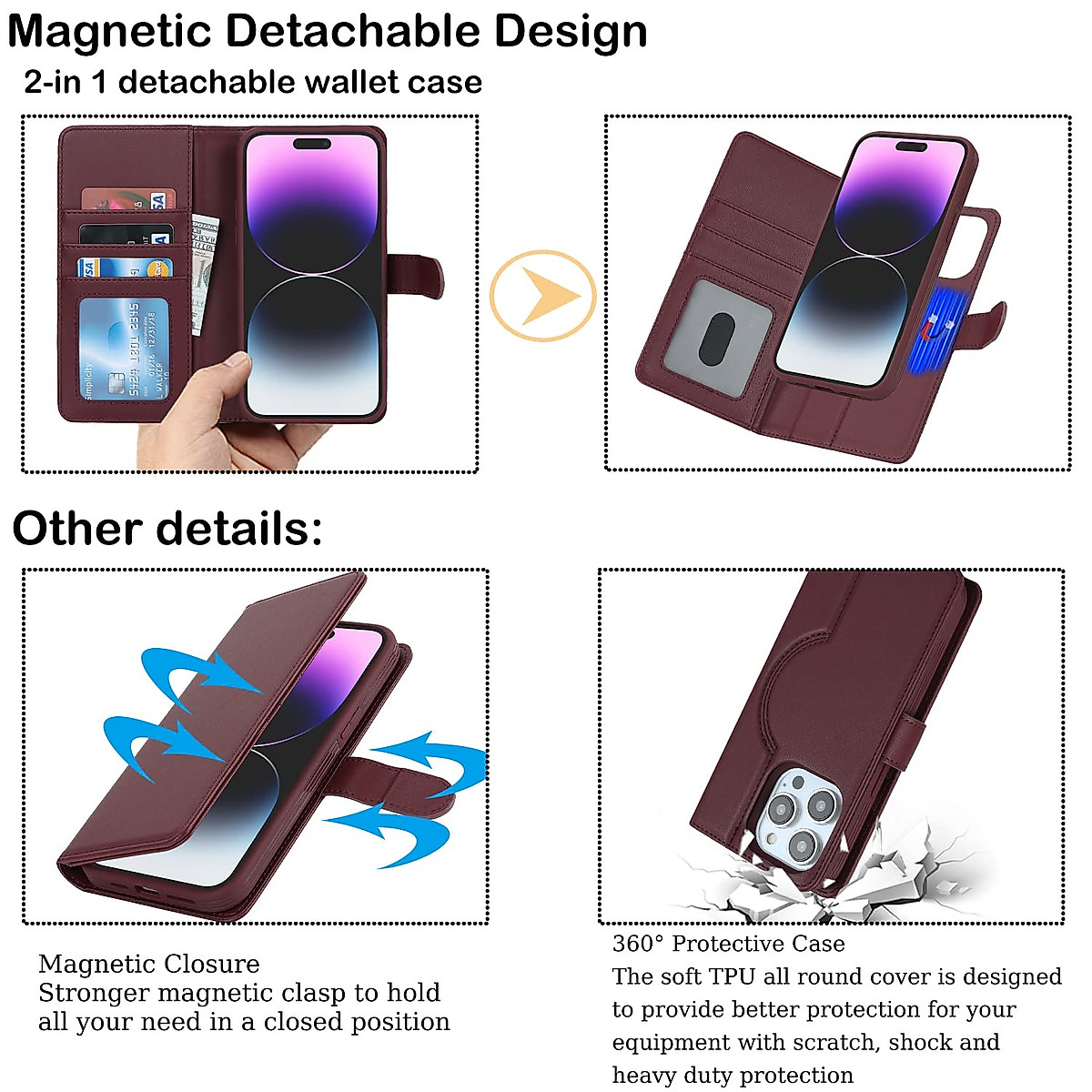 Ｈａｖａｙａ for iPhone 14 pro max Phone case Wallet for Women iPhone 14 pro max Wallet case Magsafe Compatible with Card Holder flip Folio Detachable Magnetic Leather Phone Cover-Wine Red