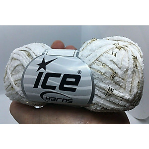 Metallic Accent Chenille Yarn - 50 Grams (1.75 Ounces) 65 Meters (71 Yards) White, Gold