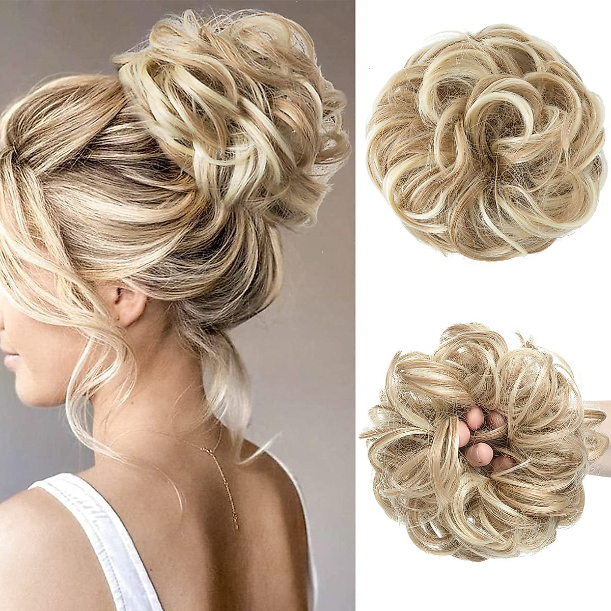 CJL HAIR Large Messy Bun Hair Piece Wavy Curly Scrunchies Synthetic Chignon Ponytail Hair Extensions Thick Updo Hairpieces for Women Dirty Blonde