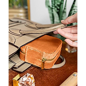 Plush Velvet Travel Jewelry Box Organizer | Travel Jewelry Case, Jewelry Travel Organizer | Small Jewelry Box for Women, Jewelry Travel Case | Earring Organizer with MIrror - Orange
