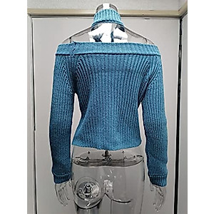Women's Cold Shoulder Halterneck Sweater Crossed V- Neck Crop Halter Knit Pullover Off Shoulder Long Sleeve Knitted Top (Blue,X-Large)