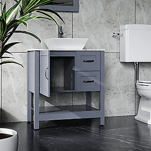 Homecart 30" Bathroom Vanity and Sink Combo Marble Pattern Wood Top White Vessel Sink with Faucet Drain Mirror Vanity Set, Grey