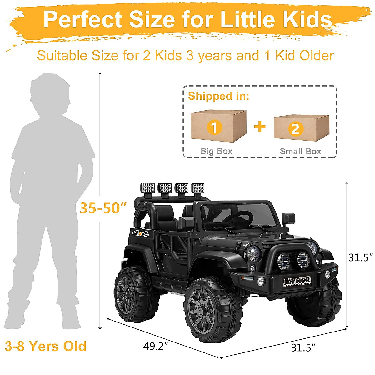 JOYMOR 2 Seat Ride on Truck, 12V Kids Electric Battery Powered Car with Remote Control, Motorized Toddler Vehicles Truck Toy, Adjustable Speeds, MP3 Player, LED, Horn (Two seat, Black)