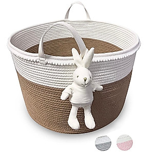 Baby Laundry Basket -Large Baby Basket Toy Storage – Grey Laundry Hamper- Pink Hamper -Toy Storage Woven Baskets and Nursery Organizer - Toy Organizers and Storage- Brown color with bunny rattle