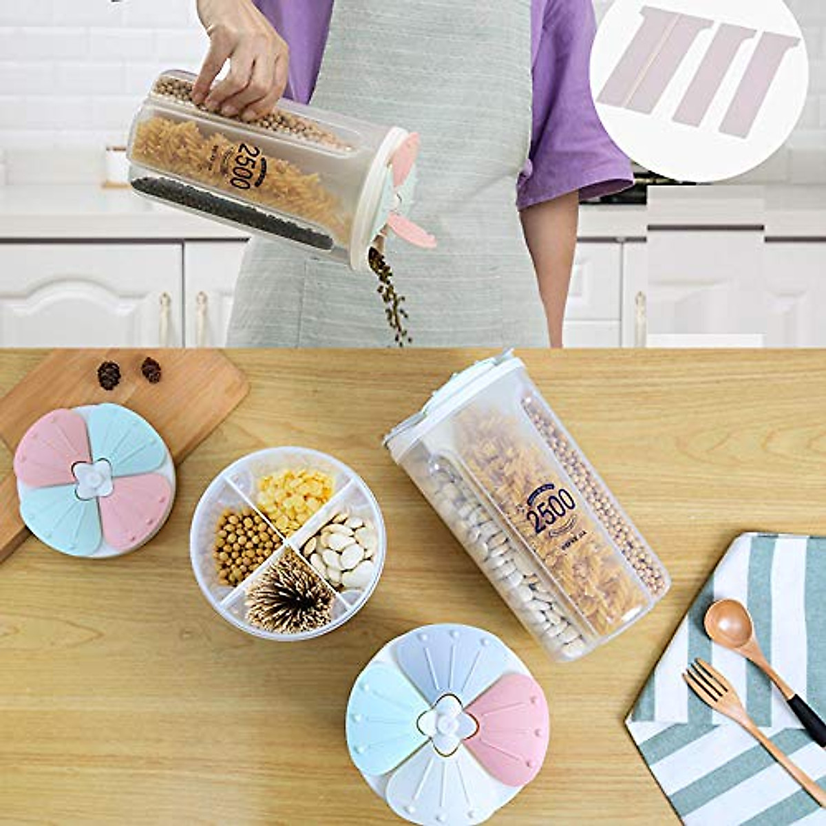 Cereal Storage Container, Airtight Food Storage Container BPA Free Plastic Cereal Dispenser Large Kitchen Storage Keeper with Lids and Compartments for Grain, Sugar, Flour, Rice, Nuts, Snacks (2.5L)