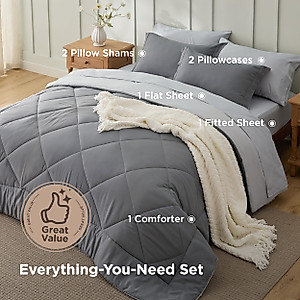 BEDSURE Queen Comforter Set - 7 Pieces Reversible Queen Bed Set Bed in a Bag with Comforters Queen Size, Sheets, Pillowcases & Shams, Grey Bedding Sets