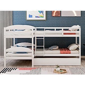 Bellemave Quad Bunk Bed with Trundle L-Shape Bunk Bed Twin Over Twin Corner Bunk Bed for 4 or 5 Kids Boys Girls Teens, White